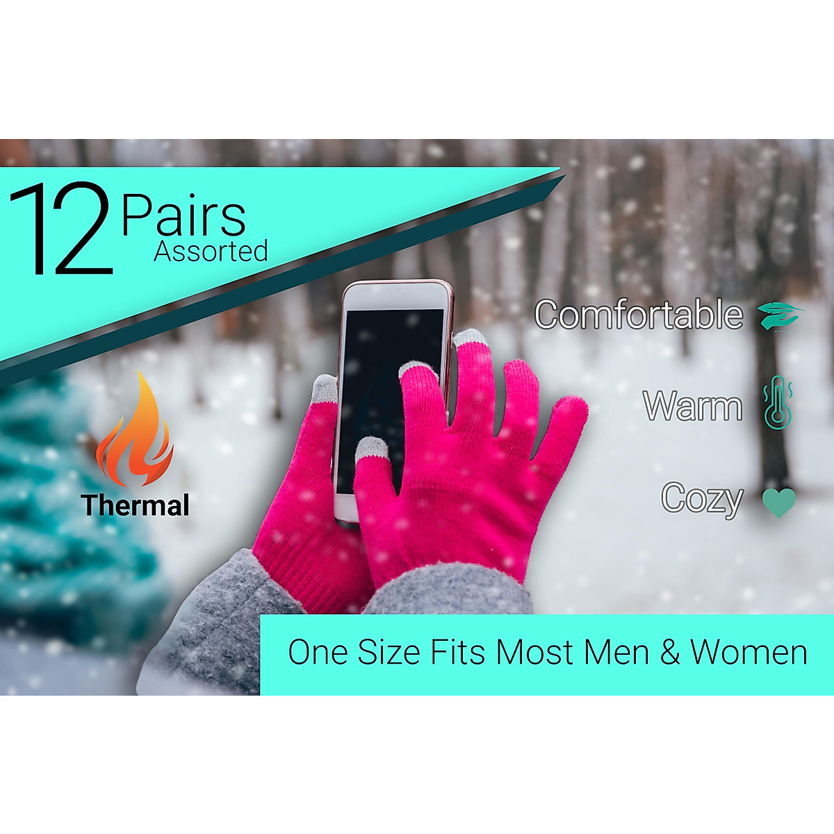 Winter Magic Gloves, 12 Pairs Stretchy Warm Knit Bulk Pack Mens Womens