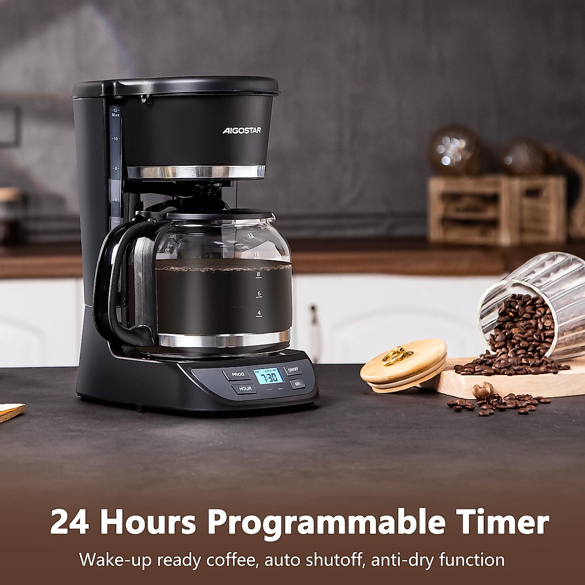 Aigostar Programmable Coffee Maker, 12 Cup Coffee Maker with Glass Carafe, Auto Pause Drip Coffee Maker, 24H Timer and Auto Keep Warm Small Coffee Maker with Permanent Filter, Black