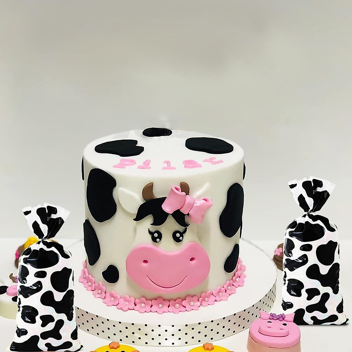 Lecferrarc 100 Pcs Cow Print Treat Bags Cow Cellophane Candy Bags Plastic Goodie Storage Bags Farm Animal Party Favor Bags with Twist Ties for Cow Theme Birthday Party Supplies