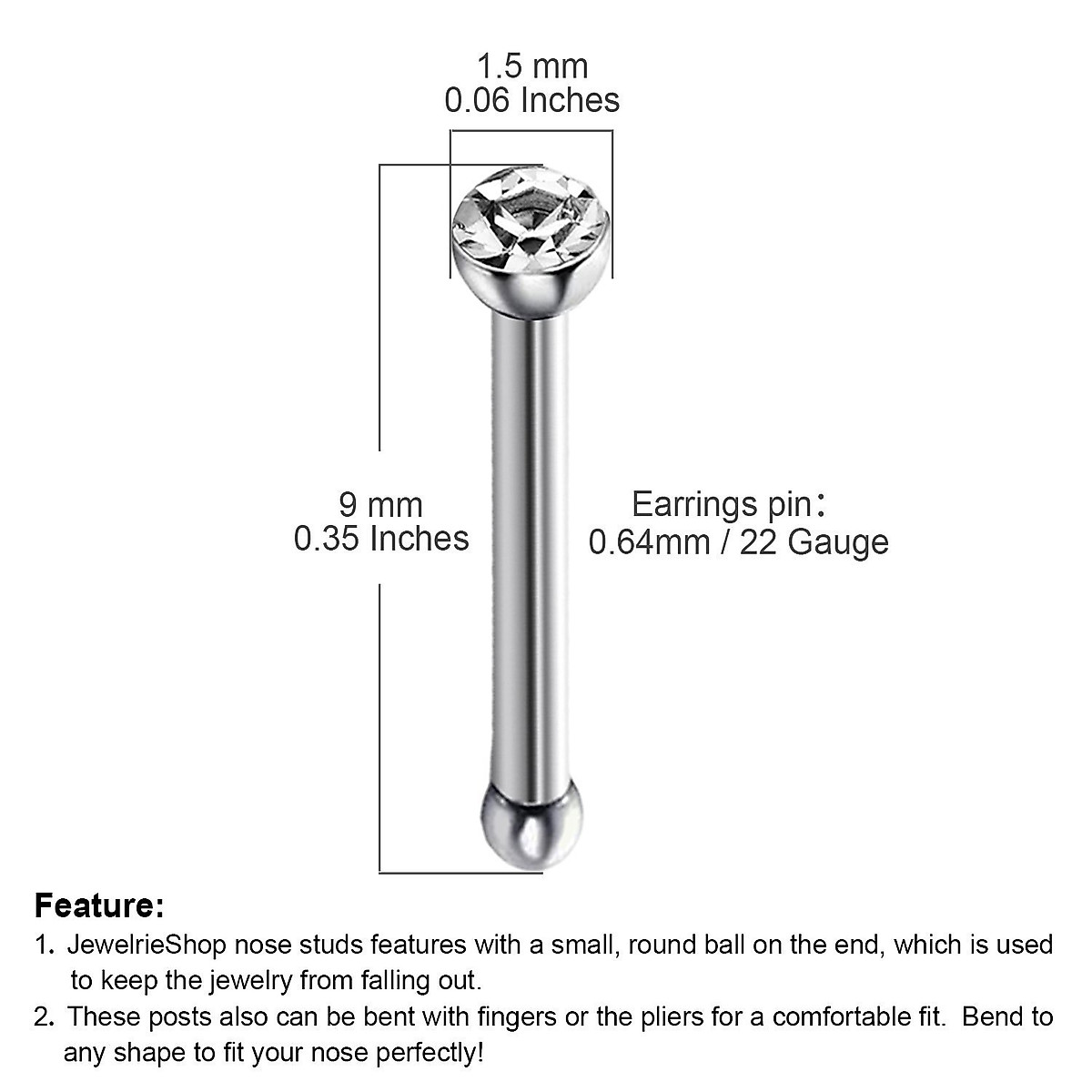 JEWELRIESHOP 40pcs Nose Studs Stainless Steel CZ Nose Rings Stud Piercing Jewelry Bone Studs for Women Men Hypoallergenic 22G (1.5mm, White CZ)