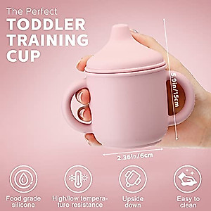 2 Pcs Silicone Sippy Cup Training Cup for Baby 6 Months+ Soft Baby Cup with Straw Spill Proof Sippy Cups for Toddlers with Handles and Spout Lid Easy Grip 5 Oz (Pink Series, Solid Style)