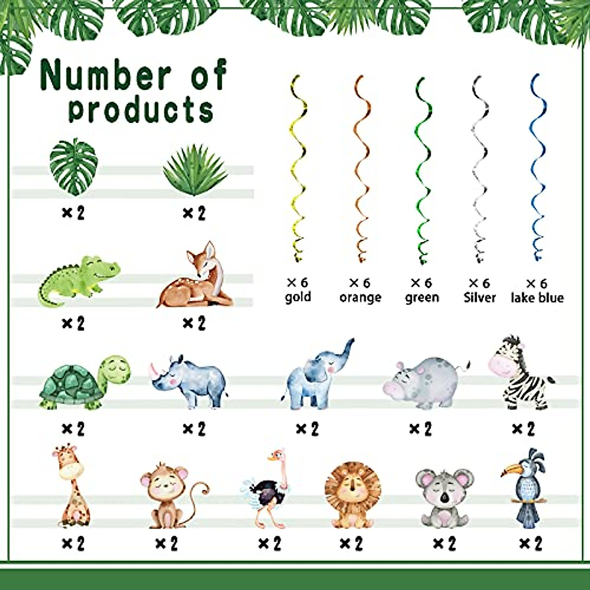 Jungle Animal Wild One Party Supplies Decorations 30 Pack Foil Ceiling Hanging Swirls Streams Party Banner Decor for Kids Adults Safari Birthday Celebrating Party Events Baby Shower Room Wall Decor