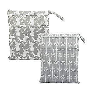 Sigzagor 2 Wet Bags Reusable Diaper Nappy Waterproof With Two Zippered Pockets (Gray Arrow and Deer Heads)