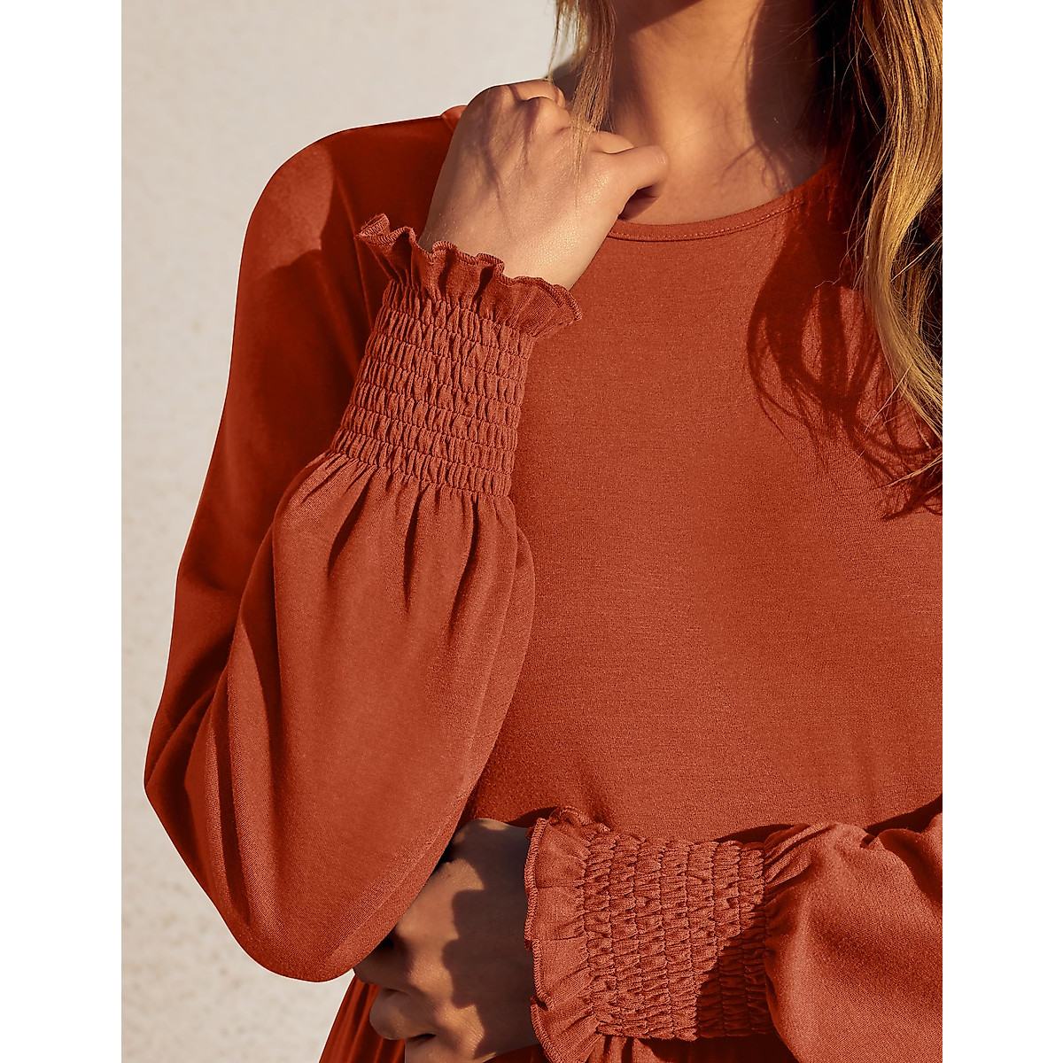 ZESICA Women's 2024 Fall Long Sleeve Dress Crewneck Casual Loose Pleated Tiered Swing Midi Dresses with Pockets,Rust,Medium