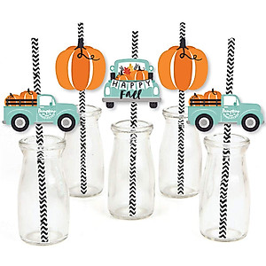 Big Dot of Happiness Happy Fall Truck - Paper Straw Decor - Harvest Pumpkin Party Striped Decorative Straws - Set of 24