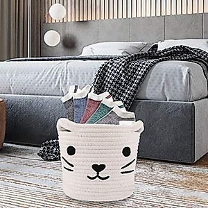 8''X7'' Small Baby Hamper White Cotton Rope Basket | LONTAN Washable Baby Nursery Hamper Cute Cat Design Baby Gift Basket Collapsible Organizer for Snacks, Pen