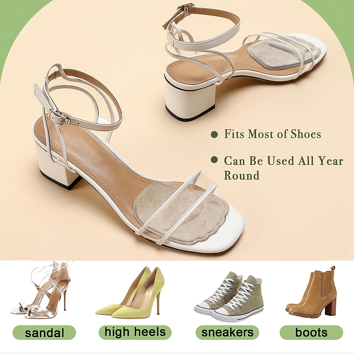 Metatarsal Pads for Women,Anti Sliding Foot Pads for Open Toe Shoe,Forefoot Pads for Women,Ball of Foot Cushions,Reduce Foot Pain,Reusable Heel Pads Inserts for Too Big Shoe,3-Pair(Beige+Black+Clear)