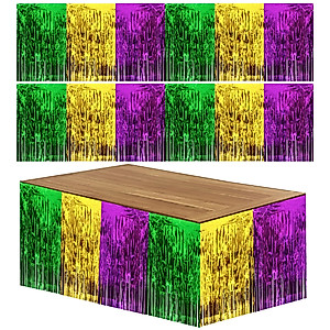 URATOT 2 Pack 29 x 106 Inches Mardi Gras Metallic Fringe Table Skirt Mardi Gras Decorations for Party Gold Green Purple Foil Fringe Table Skirt
