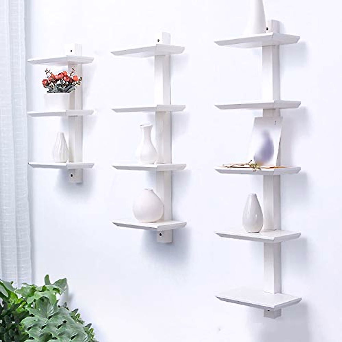 PIBM Stylish Simplicity Shelf Wall Mounted Floating Rack Wooden Solid Wood Storage Shelves Books Collection Display,3 Colors Avaliable,3 Layers / 4 Layers / 5 Layers, White , 20X66.2cm