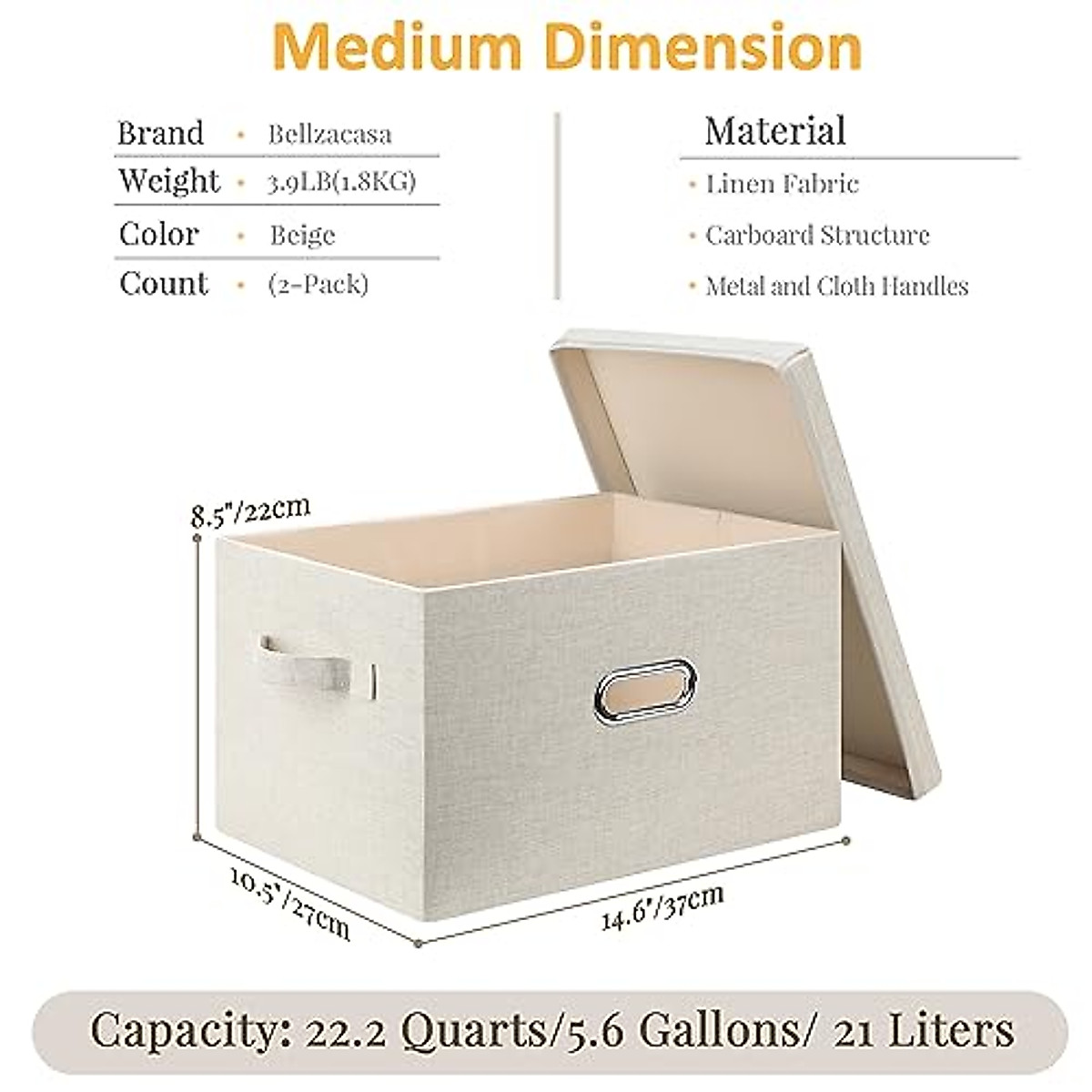 Bellzacasa Collapsible Storage Bins with Lids, 2 Pack Linen Fabric Foldable Storage Bin Cube with Handles, Toy Storage Baskets Box Closet Organizers and Storage Containers, Beige, 14.6x10.5x8.5