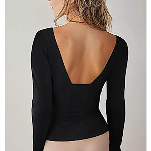 ABYOVRT Women Low Cut Tops Backless Deep V Neck Long Sleeve Crop Tops Sexy Y2k Shirt Going Out Club Wear (C-Black,S)