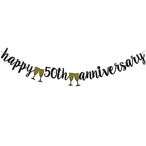 Happy 50TH Anniversary Banner,Pre-Strung, Black Paper Glitter Party Decorations For 50TH Wedding Anniversary Party Supplies Letters Black ZHAOFEIHN