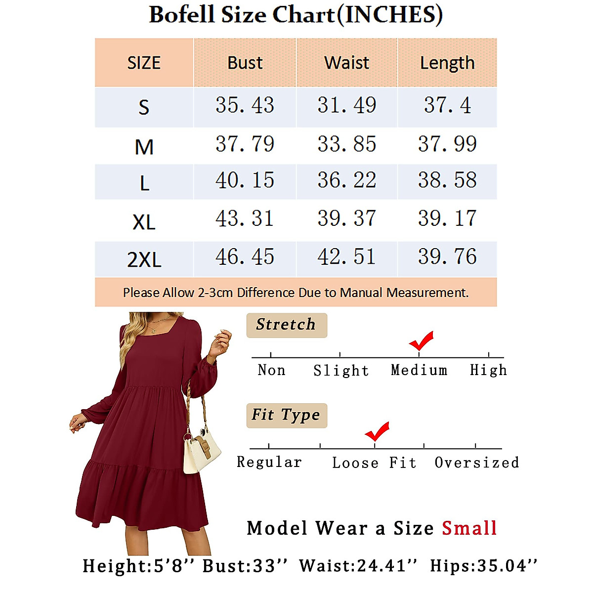 Bofell Midi Dresses for Women Wedding Guest Long Sleeve Ladies Dress Christmas Dresses L