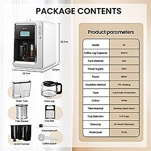HAUSWIRT Coffee Maker with Grinder, Grind and Brew Coffee Maker with LCD Display, Automatic Drip Coffee Machine with Grind Size and 2 to 6-Cup Settings, Compatible for Bean Ground Coffee and Tea