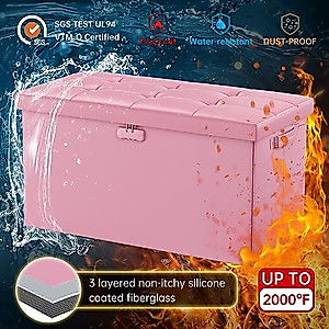 ENGPOW Storage Ottoman Bench,Fireproof Folding Storage Bench with Lock,30 Inches Fire＆Water Resistant Storage Chest Foot Rest Stool Leather Bedroom Bench with Storage Safe for Document,Valuables,Pink