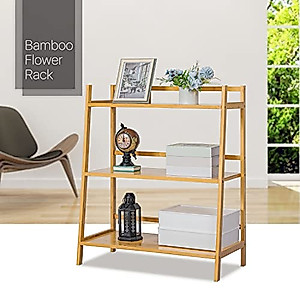 MoNiBloom Ladder Shelf for Plant Flower Book, Bamboo 3-Tier Trapezoid Storage Shelf Organizer for Living Room Balcony Kitchen Bathroom Home Office, Natural