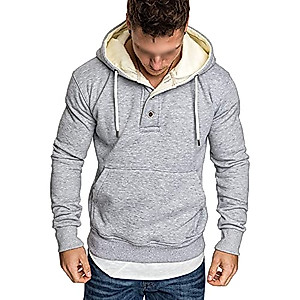 Maiyifu-GJ Men's Solid Color Sport Fleece Hoodie Casual Long Sleeve Henley Sweatshirt Slim Hooded Pullover With Kanga Pocket (Light Grey,Large)