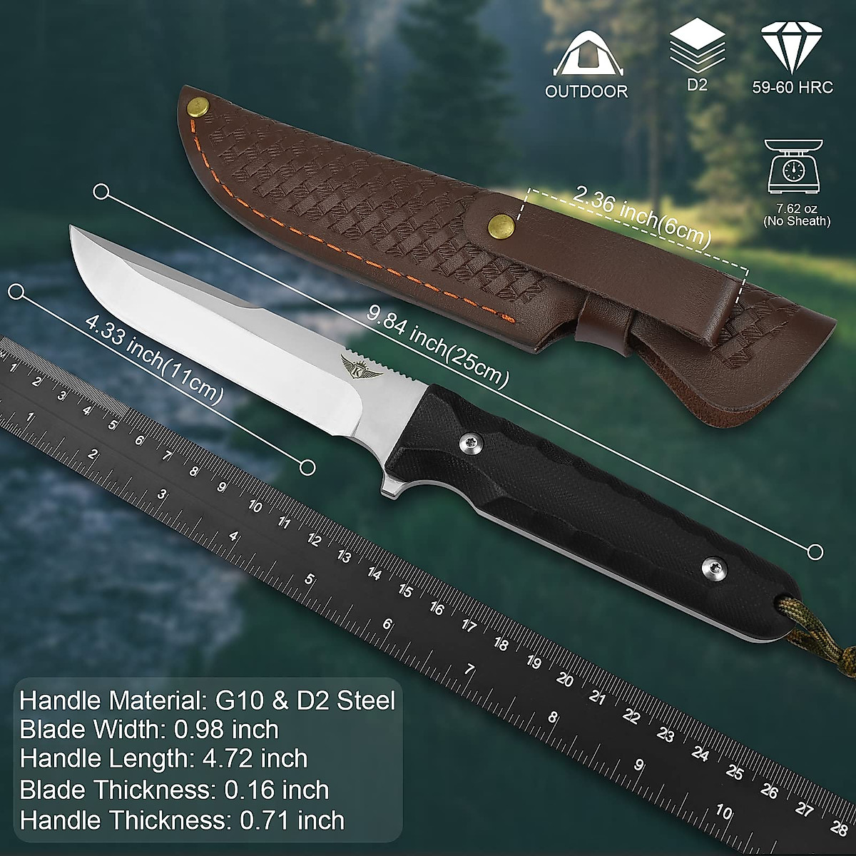 KOMWERO Fixed Blade Knife with Leather Sheath, D2 Steel Full Tang Hunting Knife, Non-Slip G10 Handle, EDC Survival Camping Knife for Outdoor Fishing Hiking
