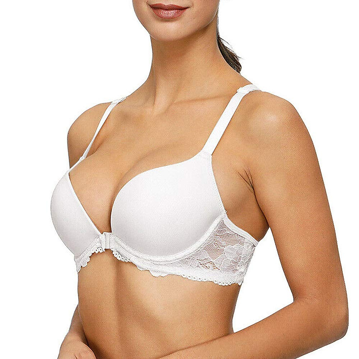 Plusexy Front Closure Push Up Racerback Underwire Support Thick Padded Plunge Bra for Women White 32B