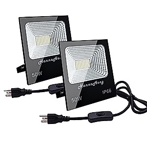HANNAHONG 50W 120V LED Flood Light Plug in,5500 Lumen,Super Bright Security/Work/Plant Grow Light,IP66 Waterproof Outdoor,Daylight White Reflector Spotlight for Porch,Garage,Patio,Yard,Garden 2 Pack