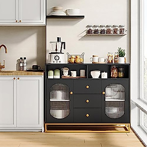 finetones Sideboard Buffet Cabinet with Storage, 47.2" Large Kitchen Storage Cabinet with 3 Drawers and 2 Glass Doors, Buffet Cabinet Buffet Table Coffee Bar Cabinet for Kitchen, Dining Room, Black