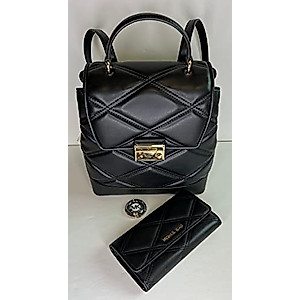 Michael Kors Serena MD Flap Backpack bundled with Trifold Wallet and Purse Hook (Black)