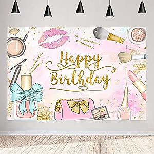 Aperturee Makeup Spa Happy Birthday Backdrop 5x3ft Girls Women Princess Pink Glamour Cosmetics Beauty Make Up Photography Background Sweet 16th Banner Party Decorations Photo Booth Shoot Studio Props
