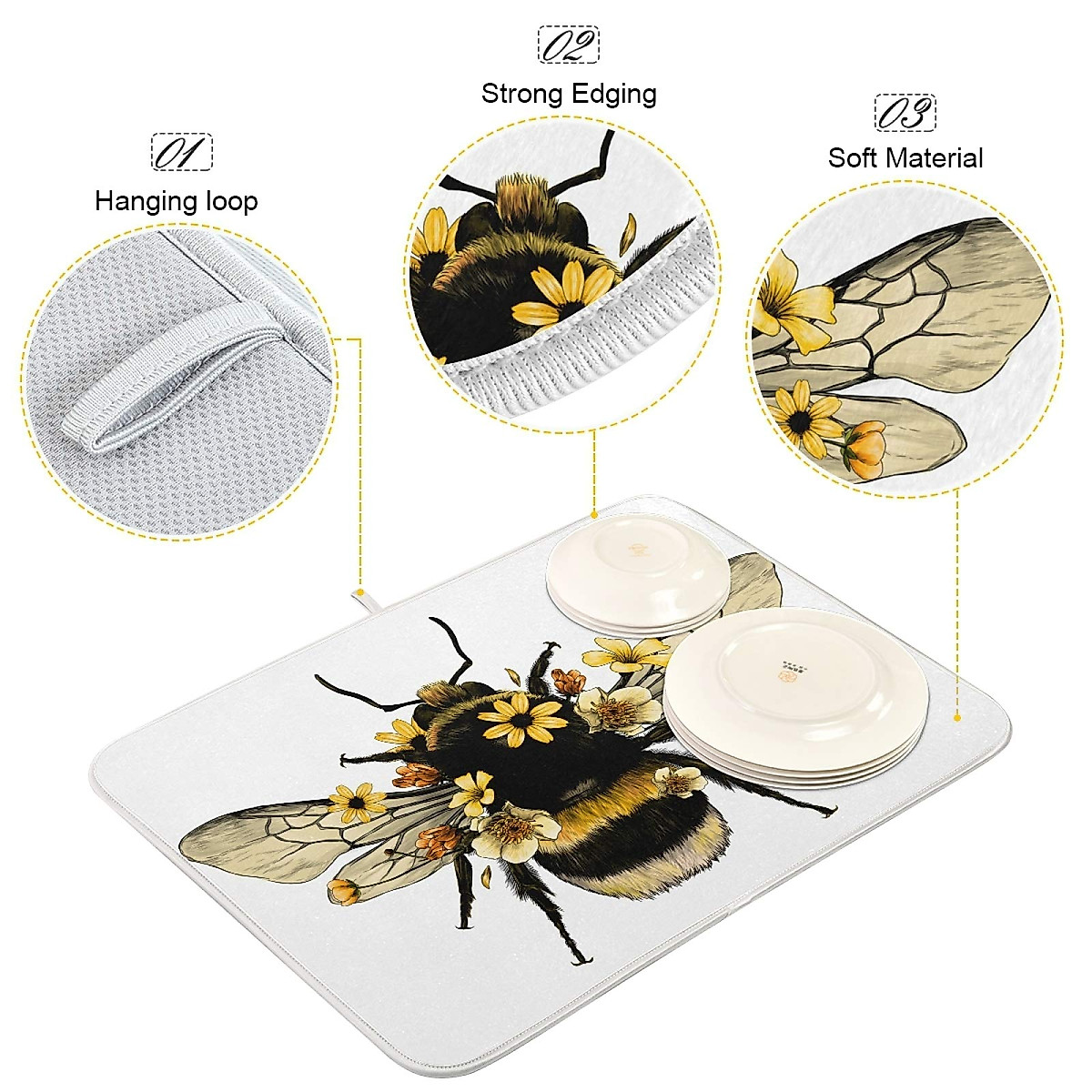 Aflyko Bee Flower Cute Dish Drying Mat Countertop Protector Kitchen Decor 16" × 18"