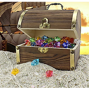 Attatoy Wooden Pirate Treasure Chest with 240 Colored Jewels (Plastic Gems); 6" x 4.5" x 5" Antique Style Wood Box; 1 Lb. Acrylic Gemstones
