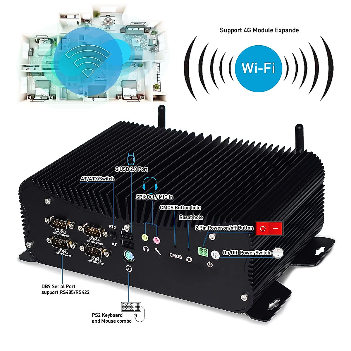 Fanless Industrial Mini PC 64GB RAM 1TB SSD 2TB HDD Windows 10 Pro i7 8550U Mini Desktop Computer Dual Displays HD + VGA, 4K, Dual band WiFi, BT4.0, 2 NIC, GPIO port, 6RS232 COM, Full Metal Case