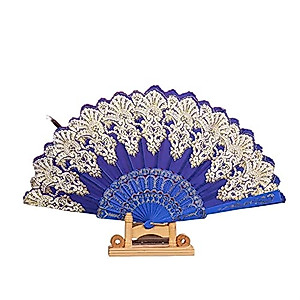 PHONME Multipurpose 2 pcs Fashion Folding Fan Flower Lace Silk Wedding Dance Party Stage Performance Decoration Fashion Stamping Hand Held Fan for Decoration Vintage style (Color : Deep Blue)