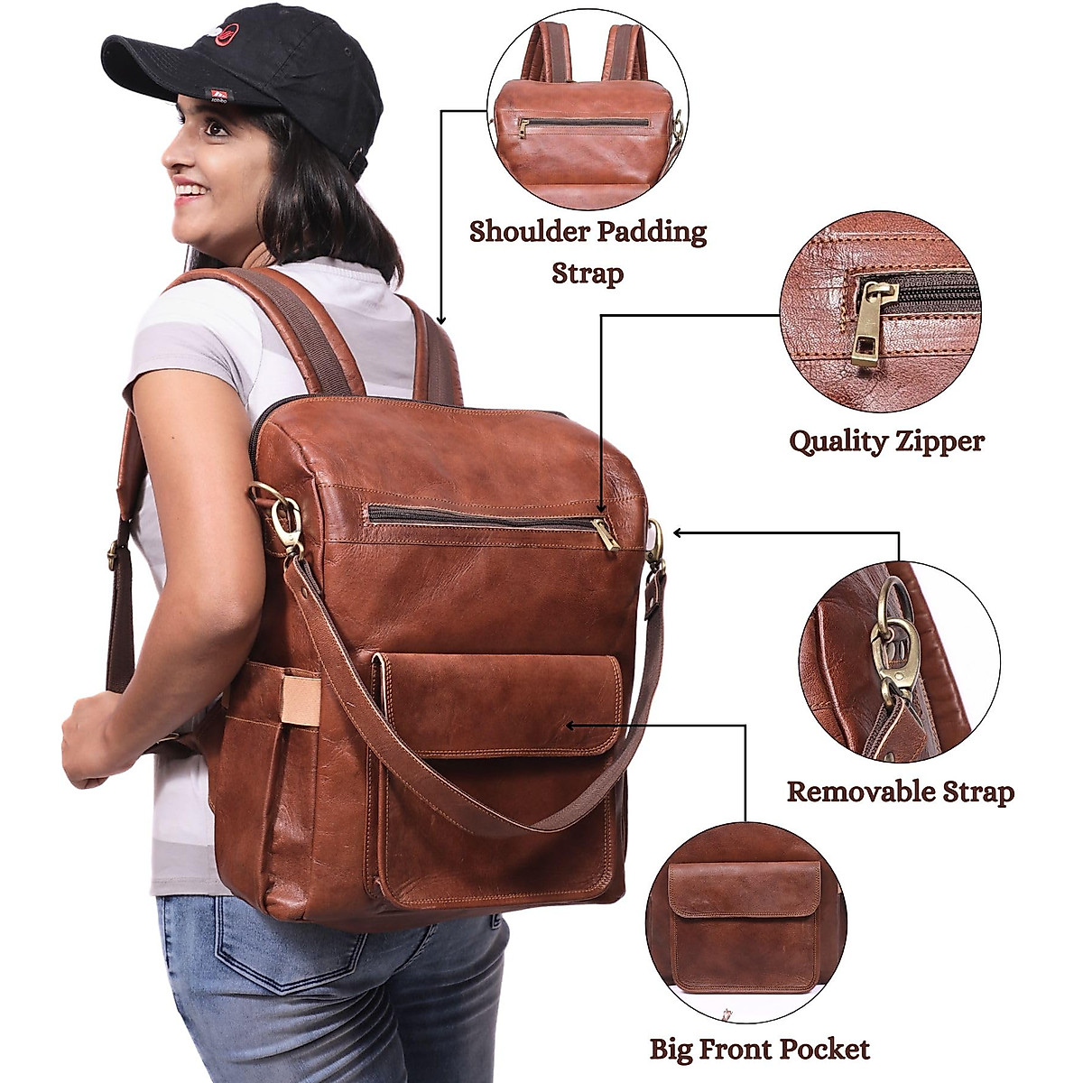 Genuine Leather Laptop Backpack for Women Designer Brown Leather Backpack Purse with 15.6-inch Laptop Computer Compartment Best for Work, Travel, and Daily Use