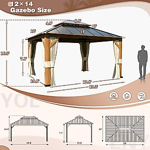 YOLENY 12' x 14' Ultra-Thick Columns and Beams Hardtop Gazebo, Metal Gazebo with Faux Wood Grain Aluminum Frame, Dual Material Double Roof, Outdoor Patio Gazebo Pergolas with Netting and Curtains