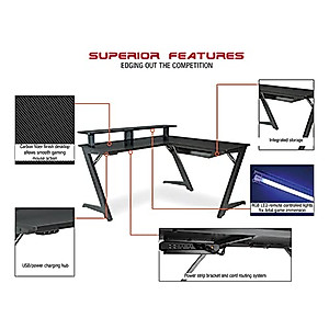 OSP Home Furnishings Avatar Battlestation L-Shape Gaming Desk with Bluetooth RGB LED Lights and Carbon Fiber Surface, Matte Black