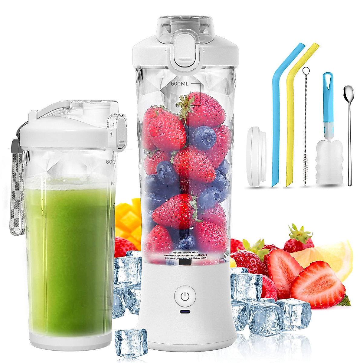 Portable Blender, Personal Blender for Shakes and Smoothies, Mini Blender with 6 Blades USB Rechargeable, 20 Oz To-Go Cups and Spout Lids for Frozen Blending, Kitchen, Home, Travel, BPA-Free