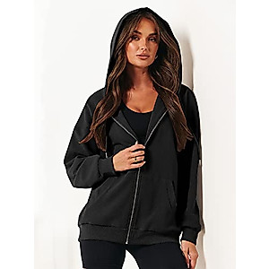 ANRABESS Women's Zip Up Hoodie Oversized Fall Sweatshirts Y2k Jacket Rib Knitted Casual Long Sleeve Shirts Comfy Clothes Black 931heise-XL
