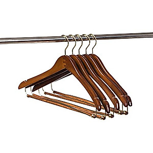 10 Quality Hangers Curved Wooden Hangers Beautiful Sturdy Suit Coat Hangers with Locking Bar Gold Hooks Walnut Finish (10)
