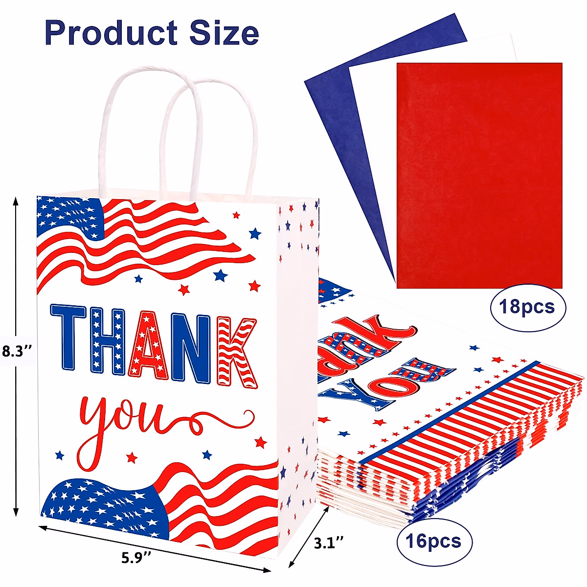 Veterans Day Gift Bags Patriotic Thank You Bags with Handles and Tissue Paper Red White Blue 4th of July Goodie Bags Paper Treat Goodie for Memorial Day Independence Day 16 Pcs