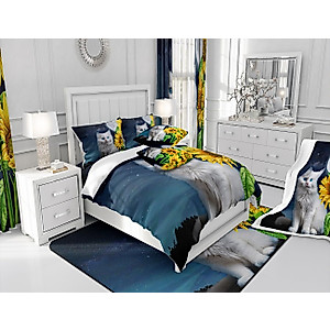 Cute Cat Duvet Cover Set Twin Size,Starry Sky Moon Night Comforter Cover Sunflower Bedding Set 2Pcs for Kids Girls Boys Woman Room Decor,Lovely Pet Animals and Plants Quilt Cover,1 Pillowcase