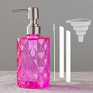 Easy Tang Clear Glass Hand Soap Dispenser Bathroom Kitchen 12 Oz Refillable Liquid Crystal Design Bottle with Silver Pump (Pink)