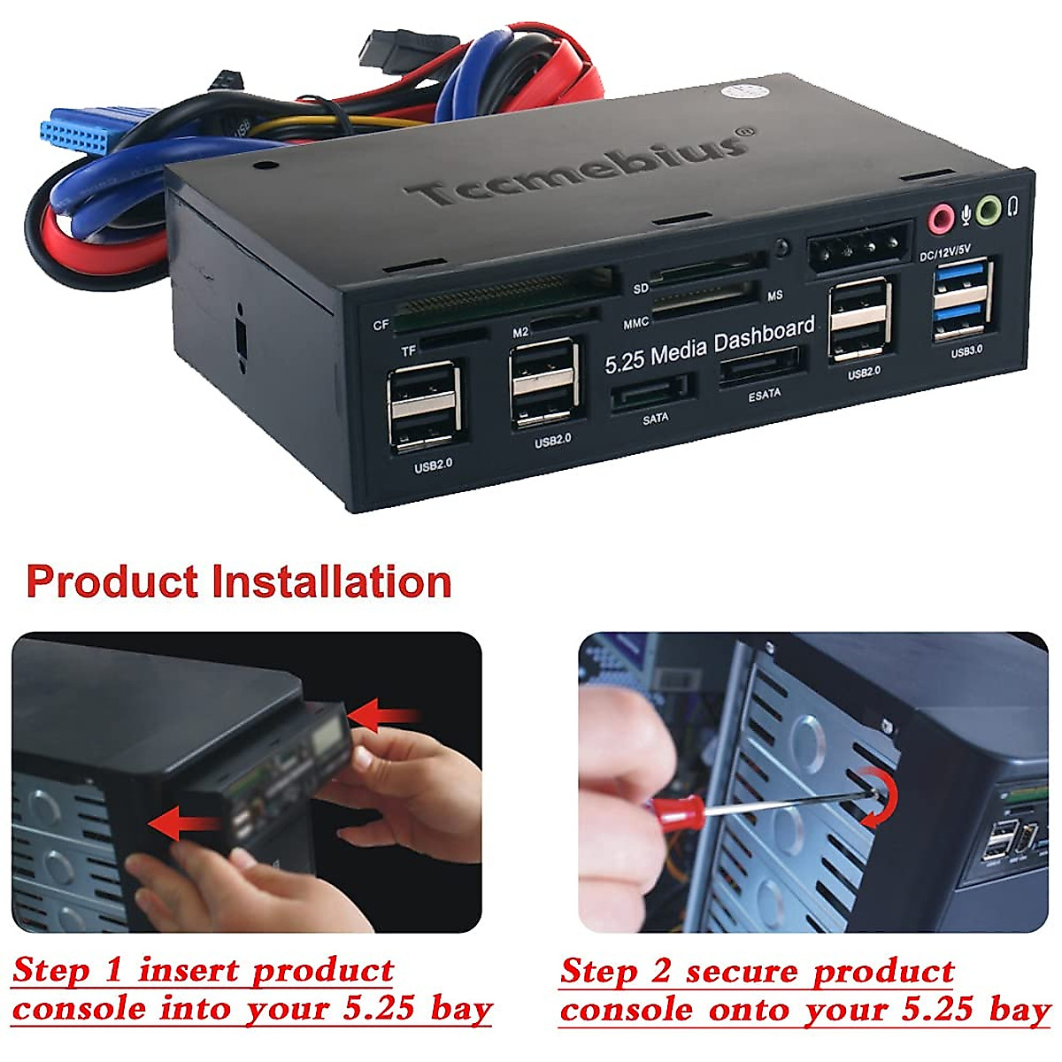Tccmebius TCC-QL5E 5.25 Inch PC Multifunction Dashboard Media Front Panel, with SATA e-SATA Dual USB 3.0 6 Port USB 2.0 Audio Ports and Five-in-one Card Reader