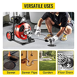 VEVOR Drain Cleaner Machine 100 Ft x 3/8 Inch Auto Feed Drain Cleaning Machine Fits 1 to 4 Inch Pipes, Portable Drain Auger Cleaner with 8 Auger Bits, Electric Drain Auger Plumbing Tool