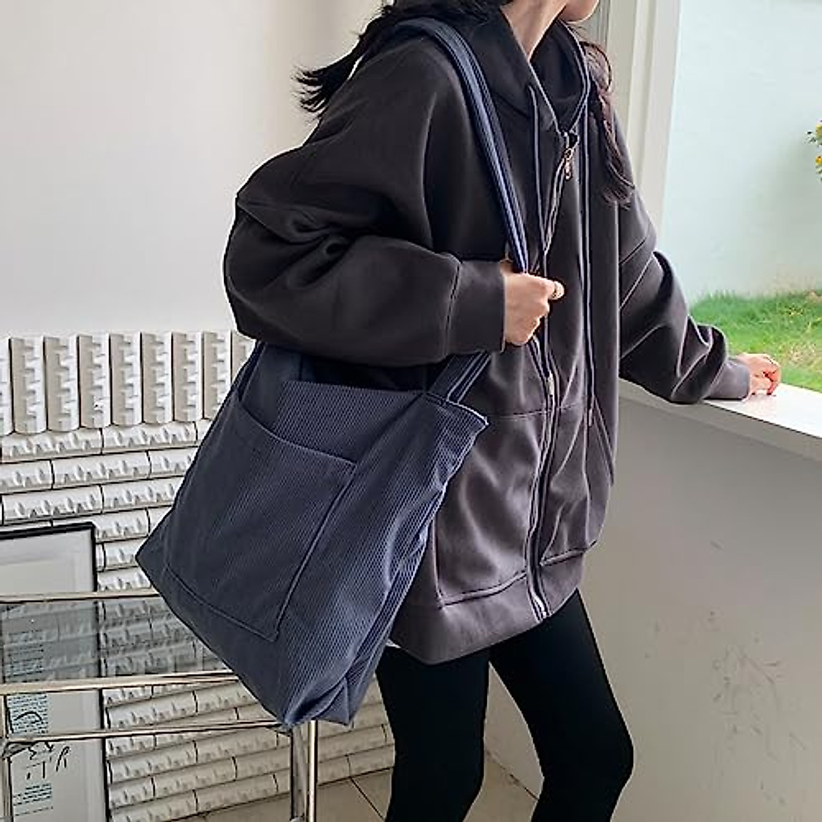 Corduroy Tote Bag for Women Girl with Front Pocket and Zipper Shoulder Handbags Simple Canvas Purse, Grey