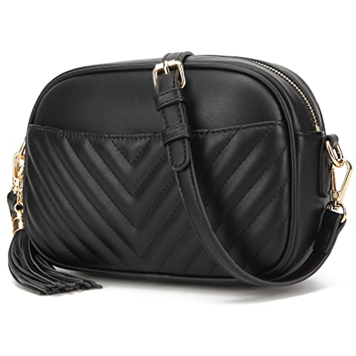 lola mae Quilted Crossbody Bag, PU Lightweight Shoulder Purse Top Zipper Tassel Accent Black Purse(Black-729)
