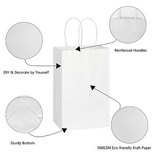 Toovip 100 Pack 5.25x3.25x8.25 Inch Small White Kraft Paper Bags with Handles Bulk, Gift Wrap Bags for Favor Grocery Retail Party Birthday Shopping Business Goody Craft Sacks Merchandise Take Out Cub