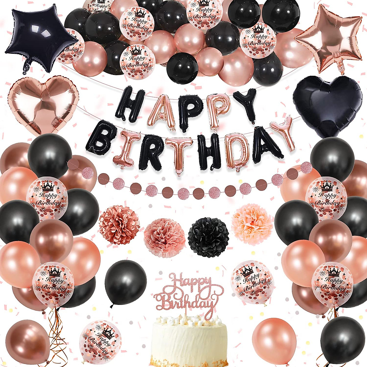 Birthday Decorations Rose Gold Black, ‎KISPATTI 51 Pieces Rose Gold Black Birthday kit with Happy birthday Foil Confetti Balloons, Birthday Party Decorations Supplies for Women Girls 21 30 40 50 70th