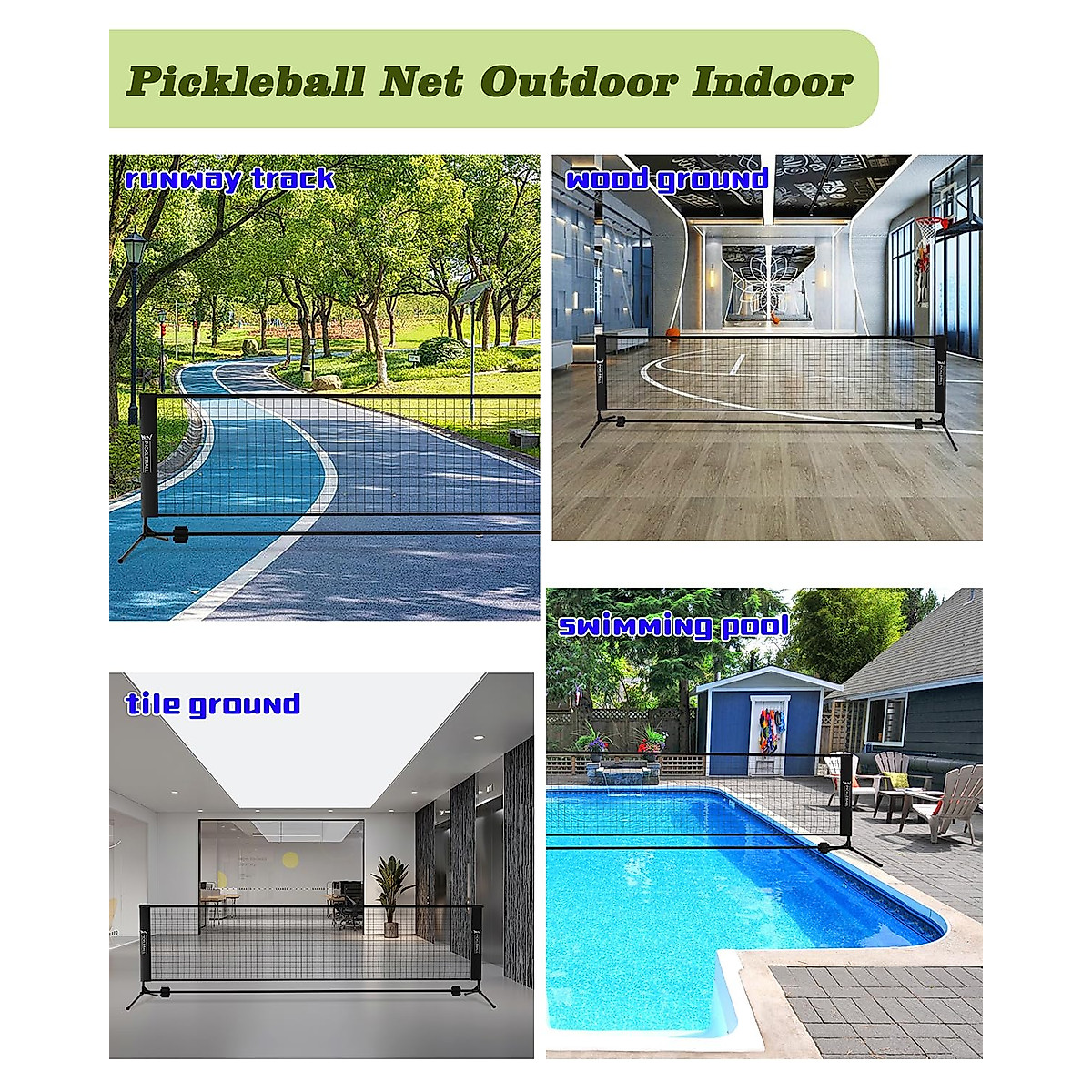 NQV Pickleball Set with Net,10FT Half Court Size Pickleball Net Portable Outdoor Indoor Driveway Home+4 Wood Paddles+4 Pickle Balls+4 Ball Retrievers, Pickleball Set for Adults Kids Beginners Pros