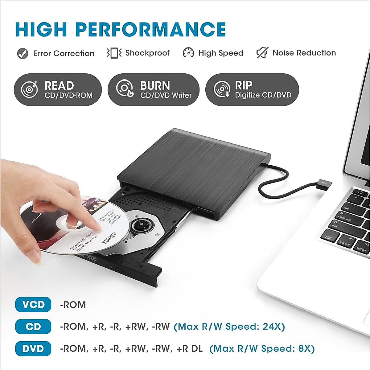ROOFULL External CD DVD Drive USB 3.0 Portable DVD & CD-ROM +/-RW Player Burner Reader Writer Rewriter Adapter Optical Disc Drive for Laptop PC Windows 11/10/8/7 Mac Linux Desktop Computer