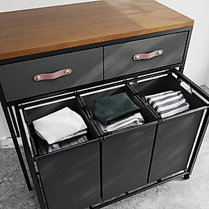 CJWD Rolling Laundry Basket Organizer on Wheels, Laundry Sorter Hamper 3 Section with Wheels Shelf and 2 Drawers, Rustic Brown and Black