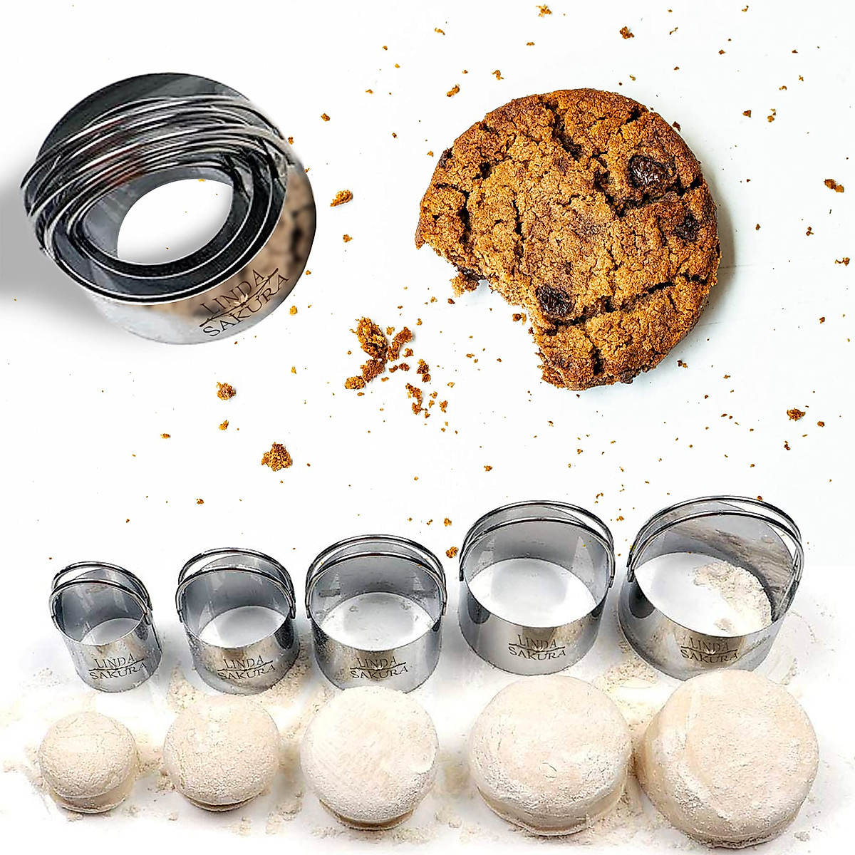 Linda Sakura LINDA SAKURA Biscuit Cutter Set (5 PiecesSet), Round Cookie Cutters with Handle, Professional Baking Dough Tools, Silver
